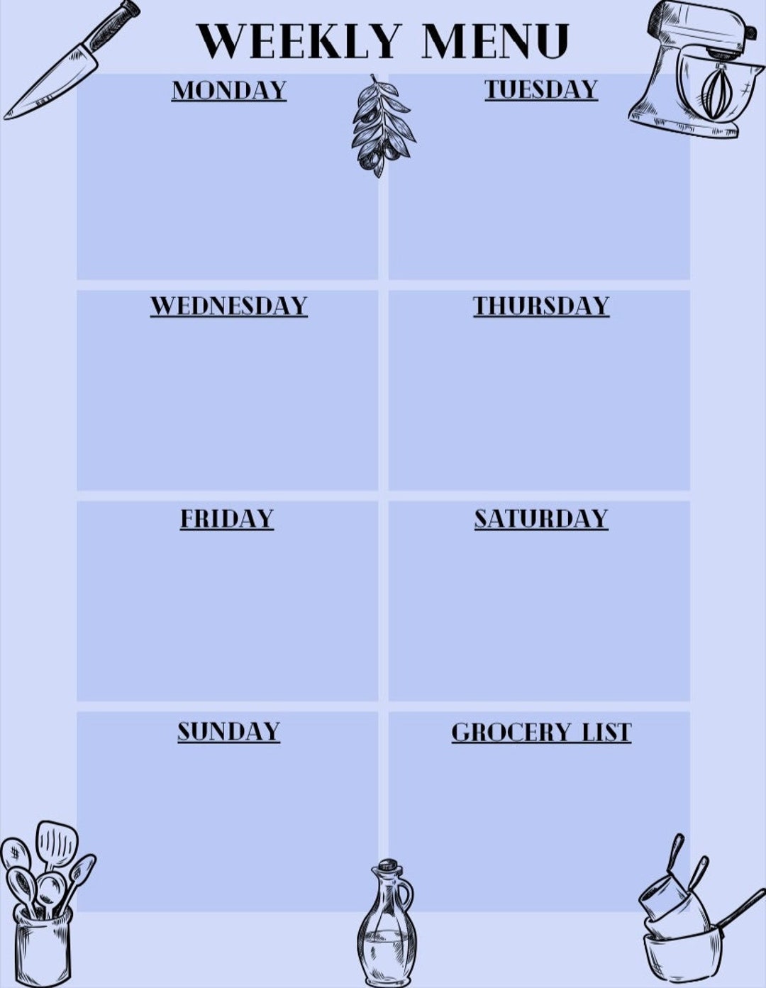 5 Kitchen Weekly Menu Planner - Bundle of 5 - Etsy