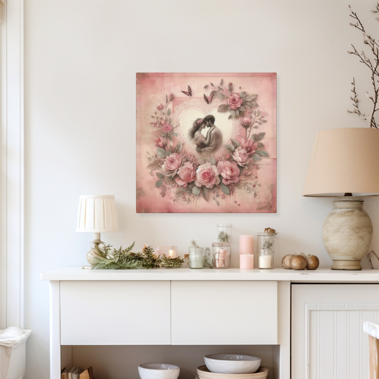 Vintage Pink Romantic Wall Art Valentine's Home Decor Rose Pink Floral ...