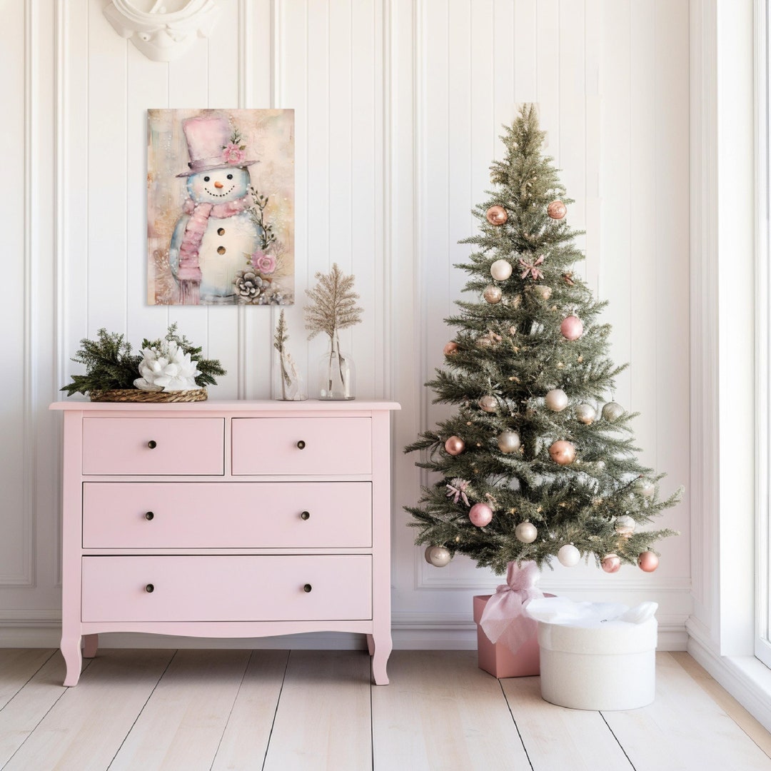 Pink Snowman Canvas Print Rustic Pink Holiday Decor Shabby Chic Winter ...