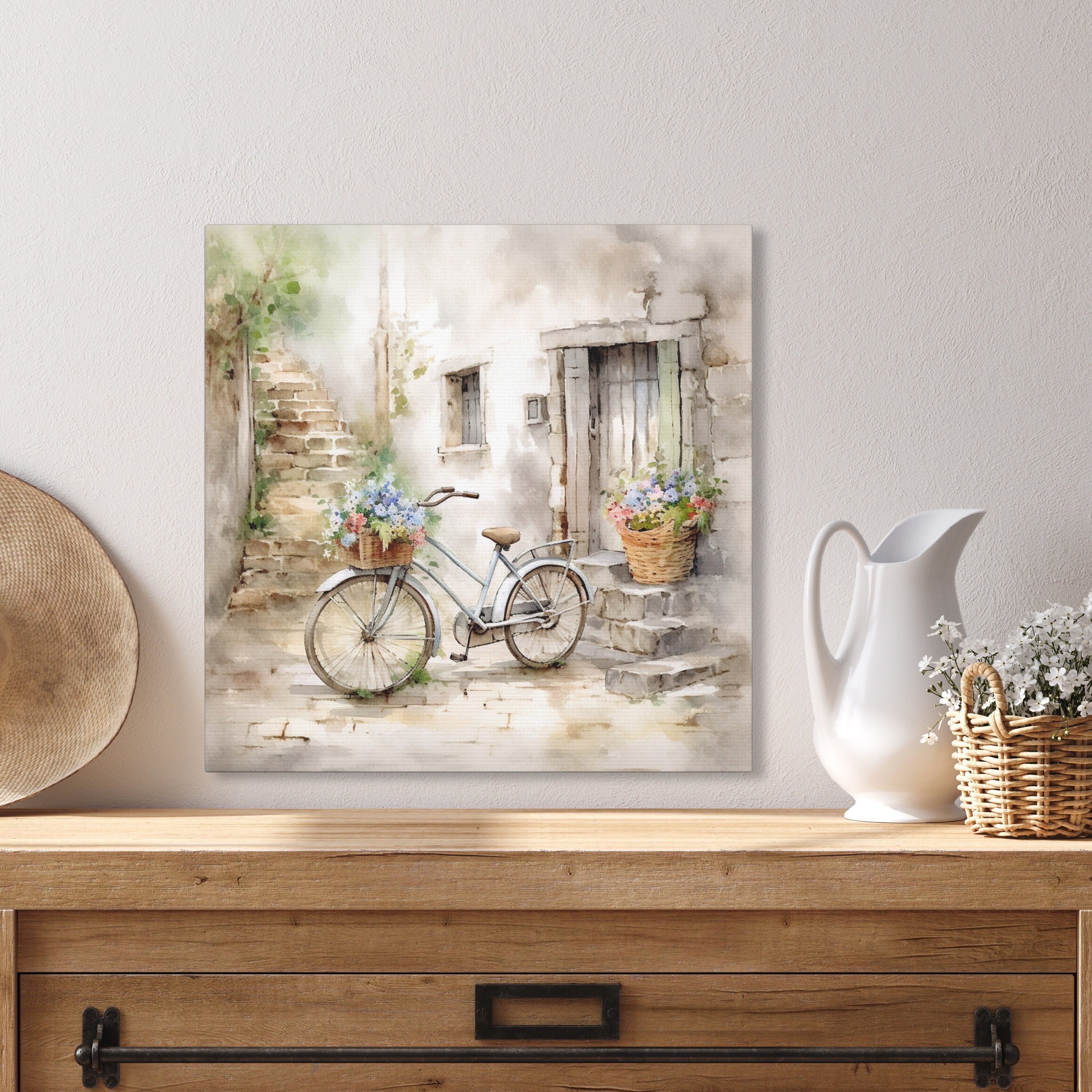 Vintage Bicycle Wall Art Floral Canvas Print Bike on Cobblestone ...