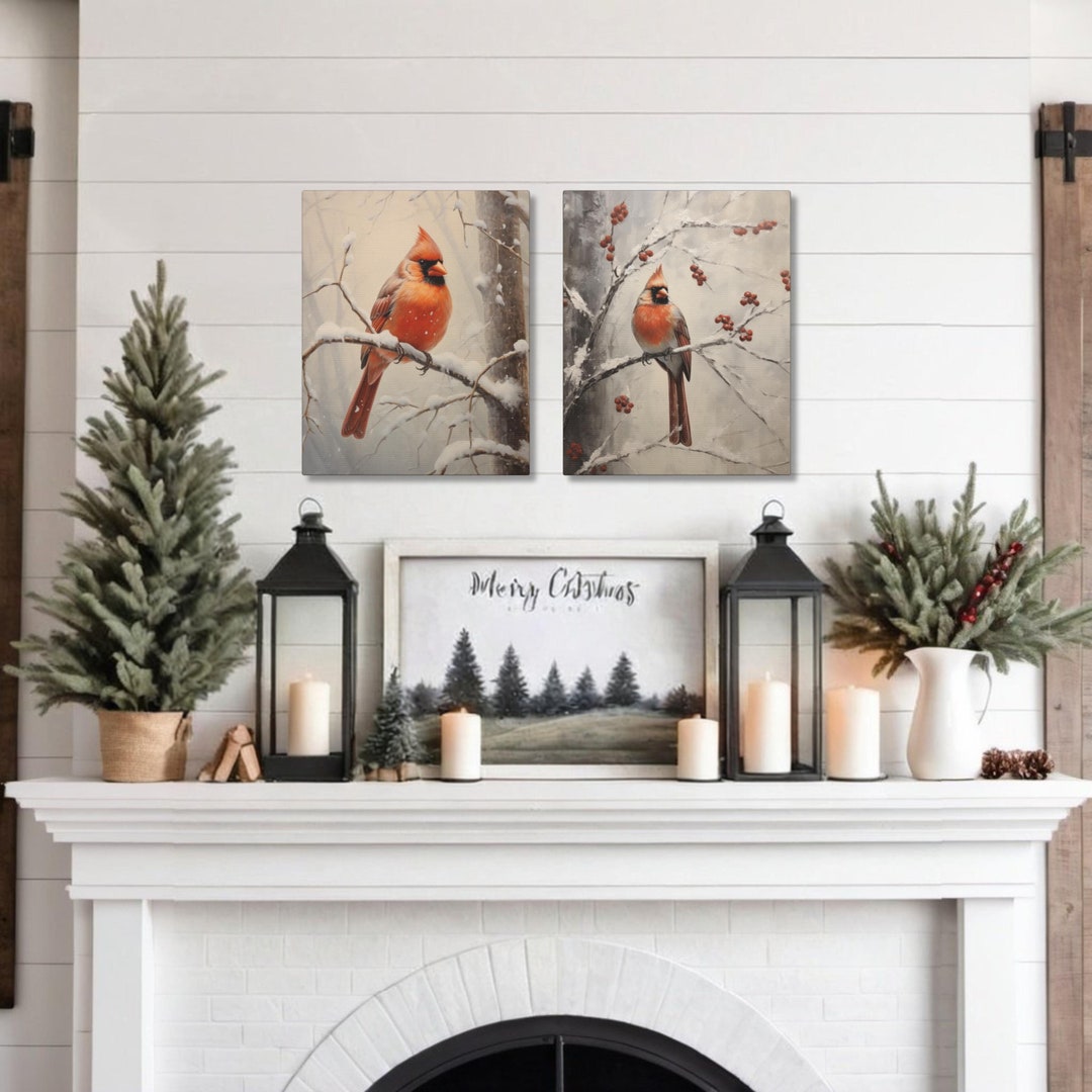 Vintage Winter Cardinals Print Set of 2 Elegant Canvas Wall Art Classic ...