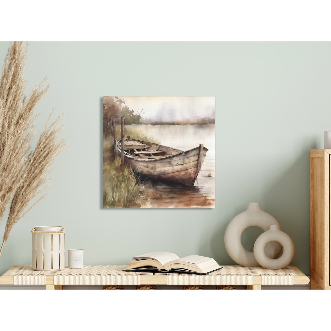 Vintage Fishing Boat Picture Rustic Row Boat Wall Art Print for Lake ...