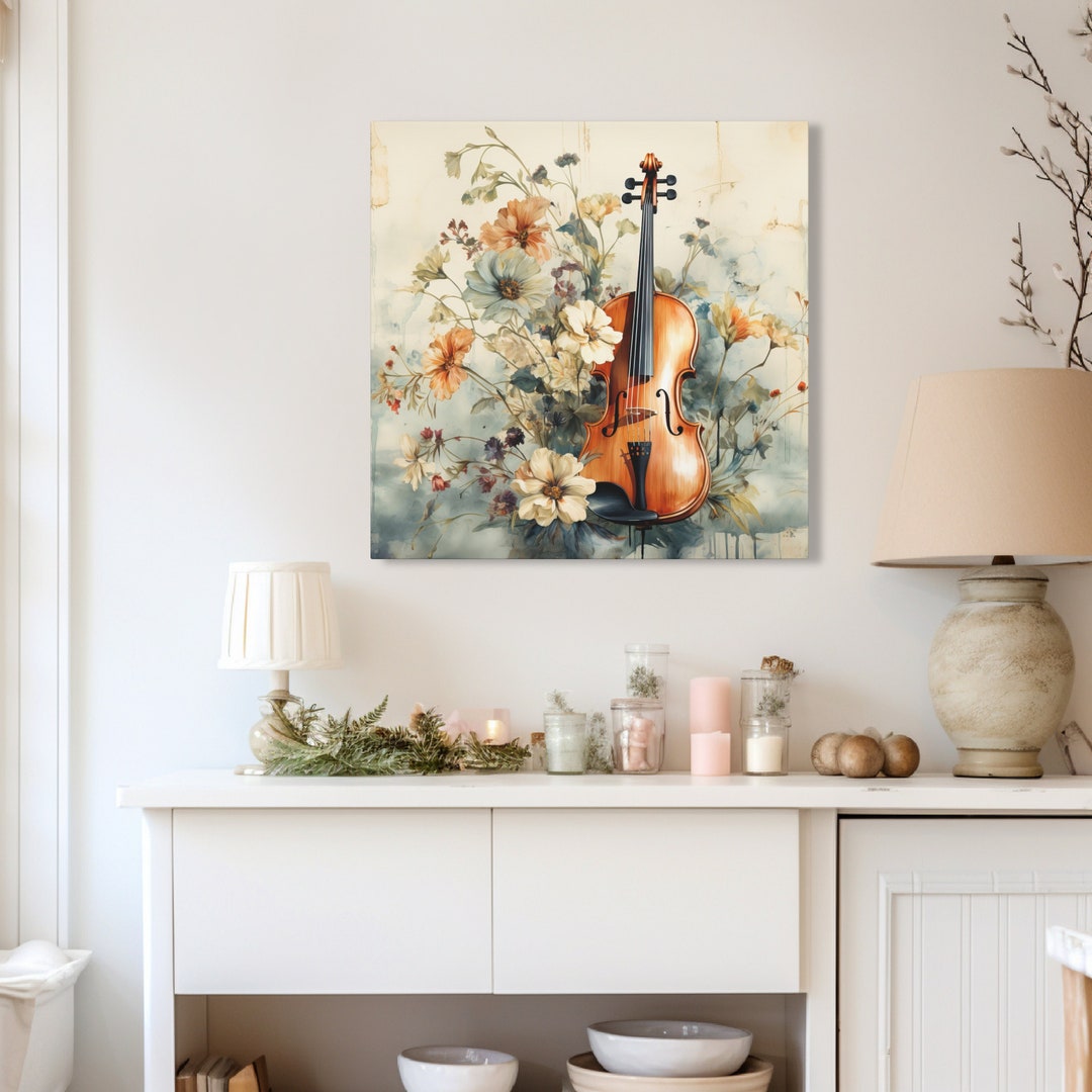 Violin Canvas Print Shabby Chic Floral Wall Art Musical Instrument ...