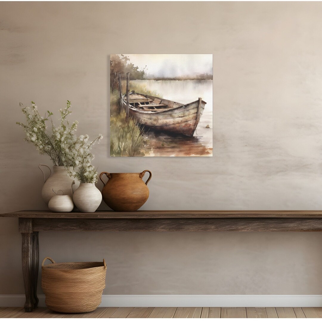 Vintage Fishing Boat Picture Rustic Row Boat Wall Art Print for Lake ...