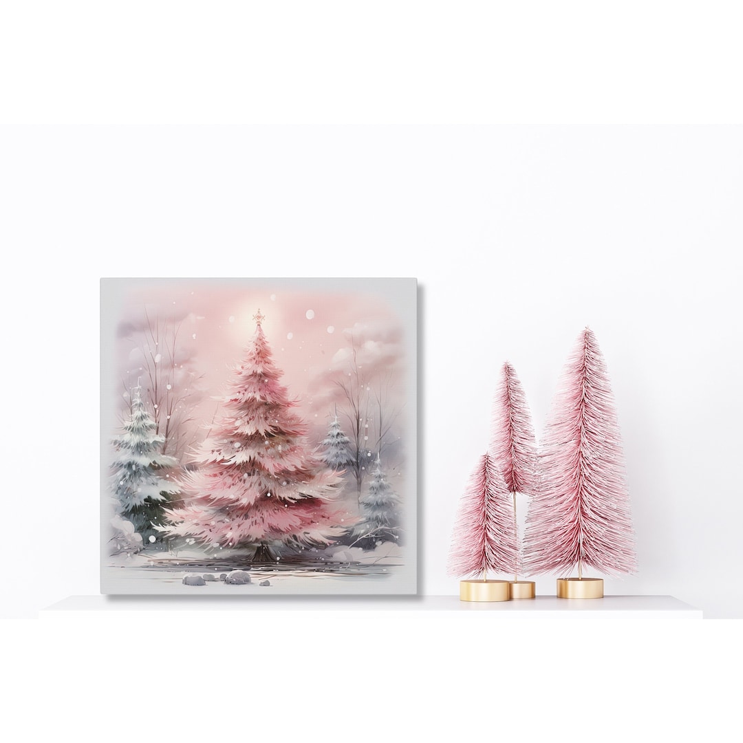 Vintage Pink Christmas Tree Canvas Pink Christmas Wall Art Pink Holiday ...