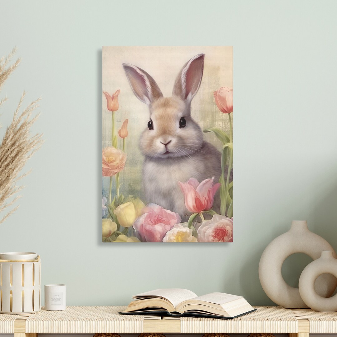 Springtime Canvas Print of Bunny in Tulips Floral Bunny Artwork for ...