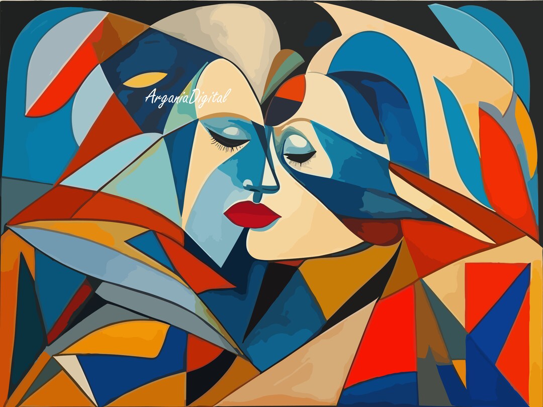 A Picasso-style Painting of Two Lovers in a Passionate Embrace, Their ...