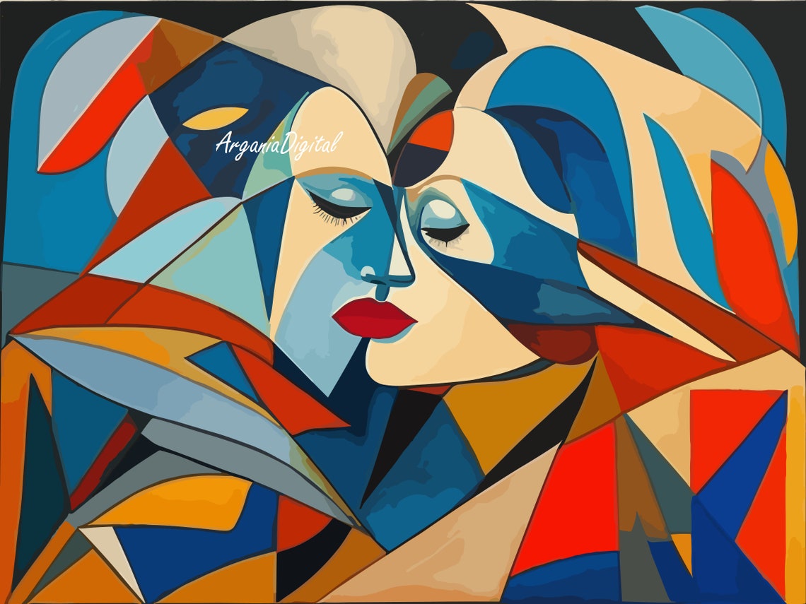 A Picasso-style Painting of Two Lovers in a Passionate Embrace, Their ...