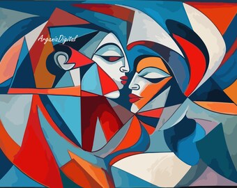 A Picasso-style Painting of Two Lovers in a Passionate Embrace, Their ...