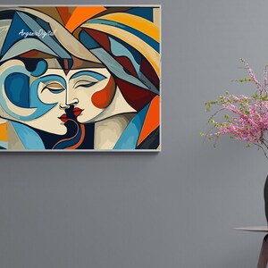 A Picasso-style Painting of Two Lovers in a Passionate Embrace, Their ...