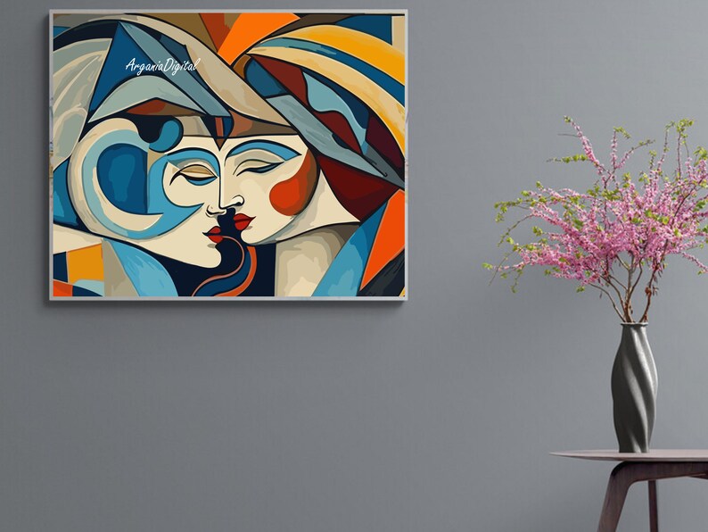 A Picasso-style Painting of Two Lovers in a Passionate Embrace, Their ...