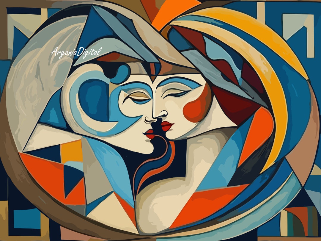 A Picasso-style Painting of Two Lovers in a Passionate Embrace, Their ...
