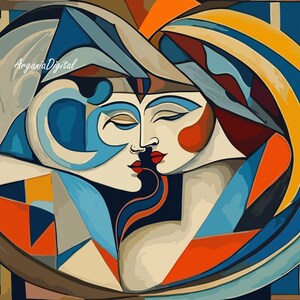 A Picasso-style Painting of Two Lovers in a Passionate Embrace, Their ...