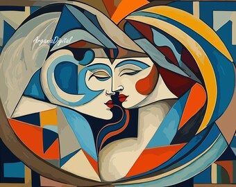 A Picasso-style Painting of Two Lovers in a Passionate Embrace, Their ...