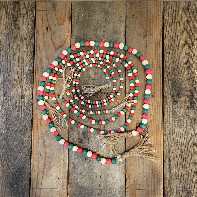 Red, Green, Natural, Wood Bead Garland, Christmas Garland, Farmhouse ...