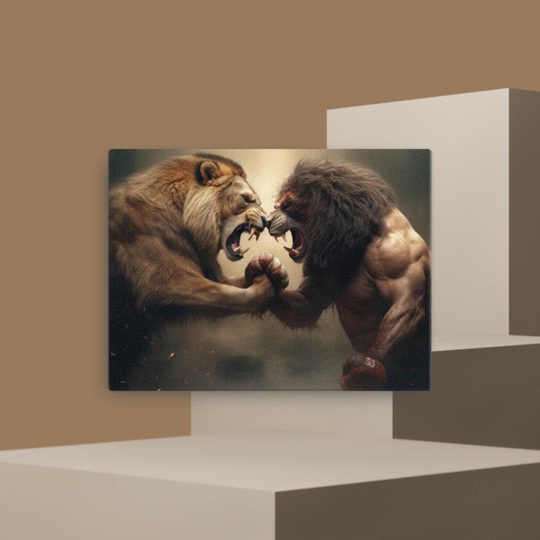 ROARING Angry LIONS Canvas Print Wall ART Ai Generated Boxing Lions ...