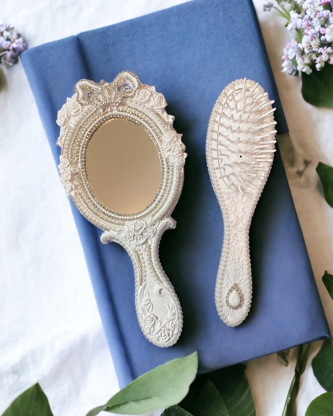 Handmade Bridal Mirror and Brush Set - Pearl & Rhinestone Decor - Etsy