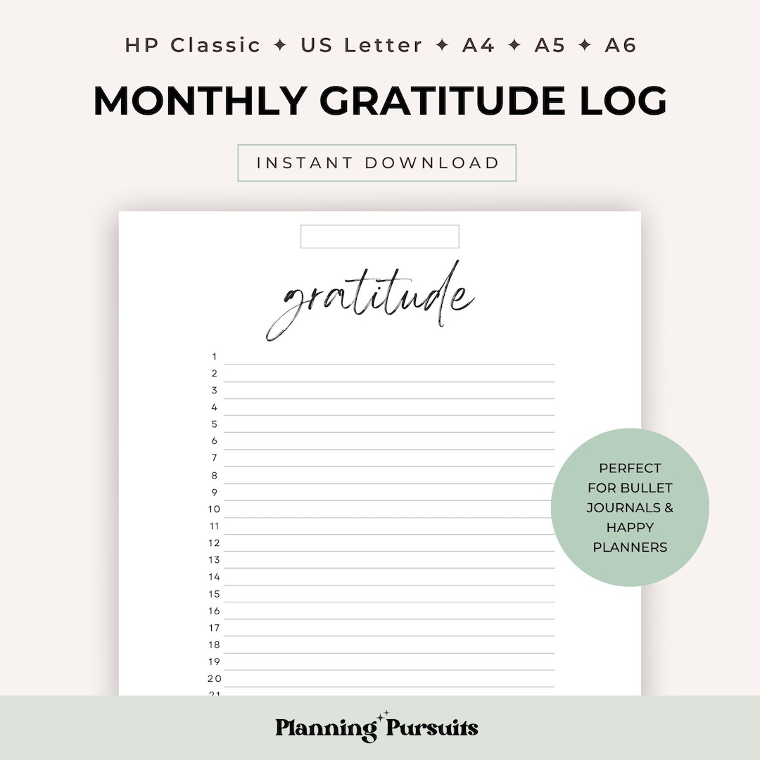 Monthly Gratitude Log Printable, Monthly Gratitude List, Happy Planner ...