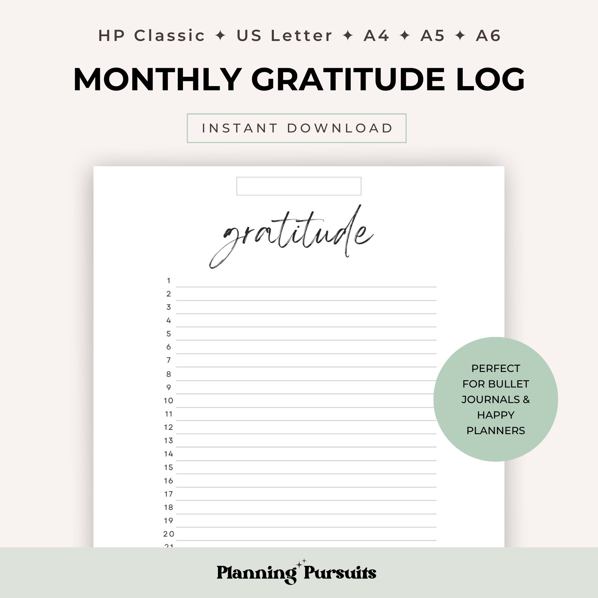 Monthly Gratitude Log Printable, Monthly Gratitude List, Happy Planner ...