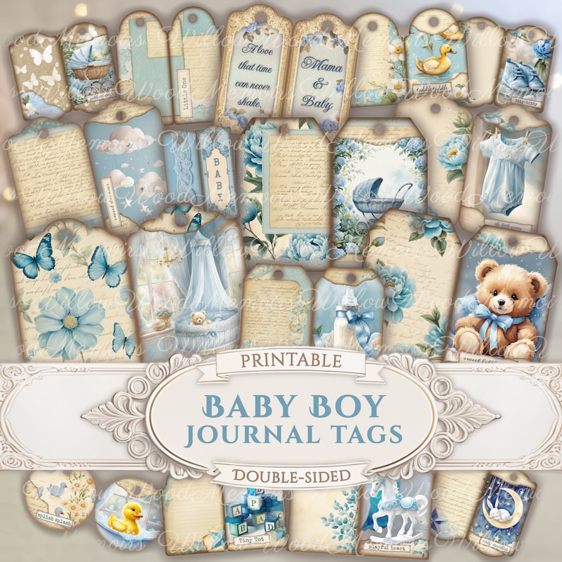 Baby Boy Blue Junk Journal Printable Tags Vintage Shabby Baby Shower ...