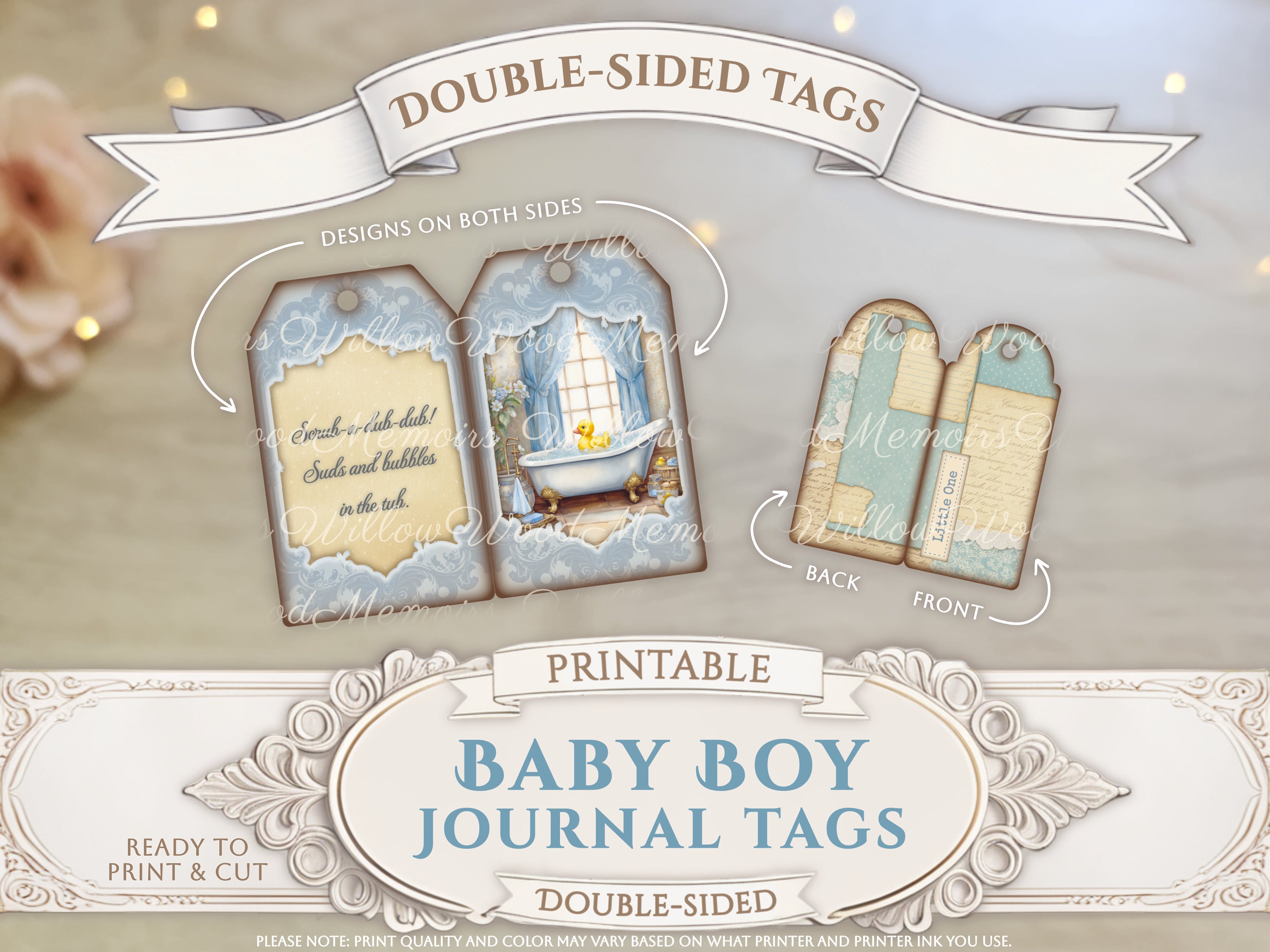 Baby Boy Blue Junk Journal Printable Tags Vintage Shabby Baby Shower ...