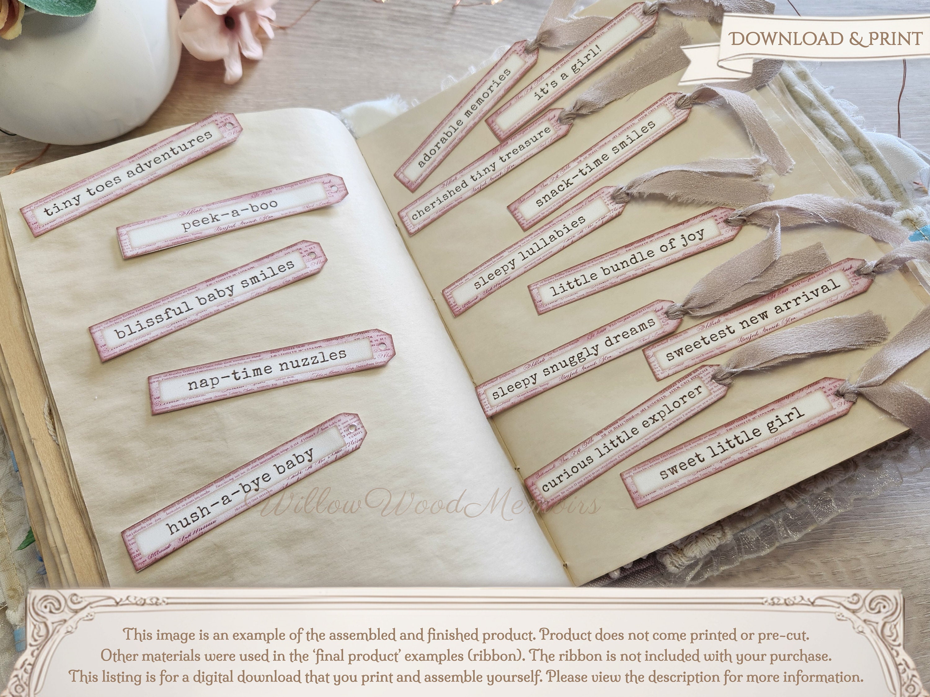 Baby Girl Pink Skinny Word Tags Baby Shower Junk Journal Words Kit ...