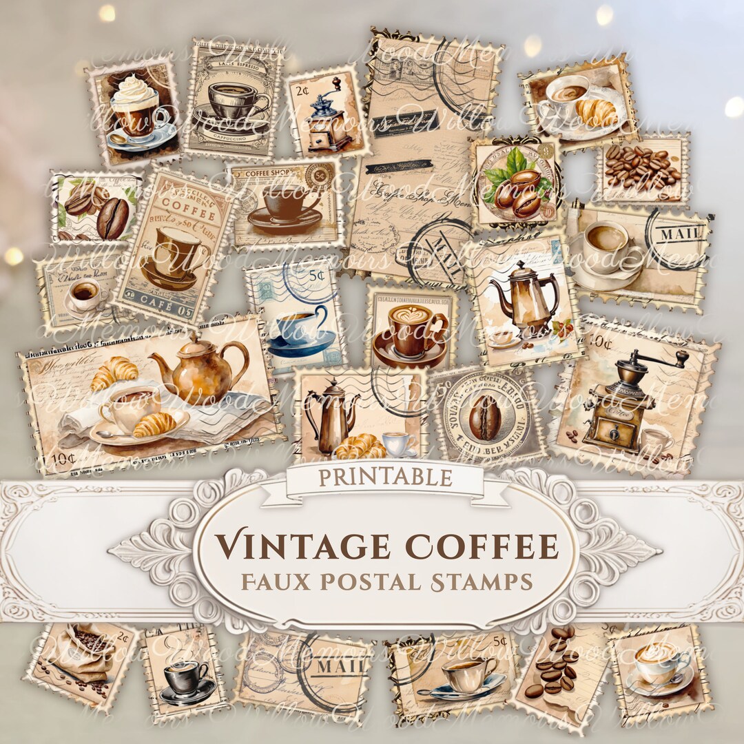 Junk Journal Faux Postal Mail Stamps Vintage Shabby Coffee Lover Latte ...