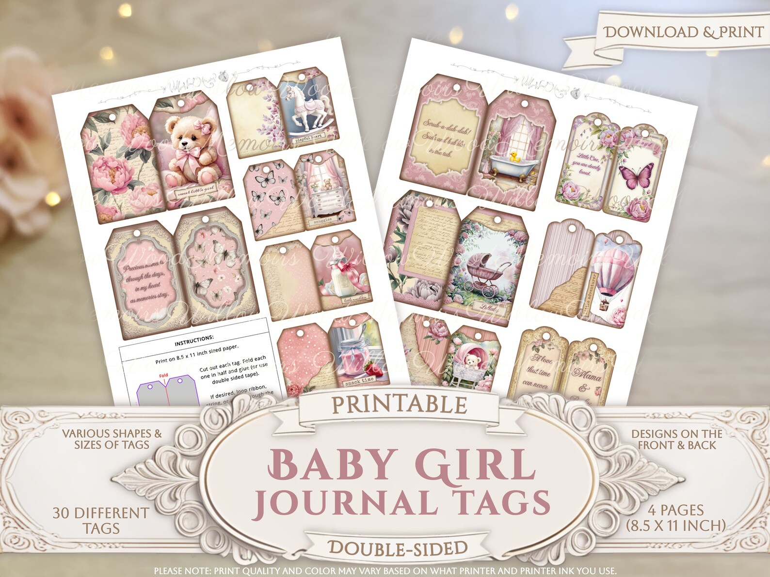 Baby Girl Pink Junk Journal Printable Tags Vintage Shabby Baby Shower ...