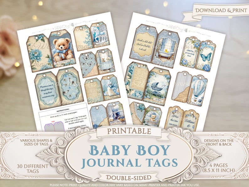 Baby Boy Blue Junk Journal Printable Tags Vintage Shabby Baby Shower ...