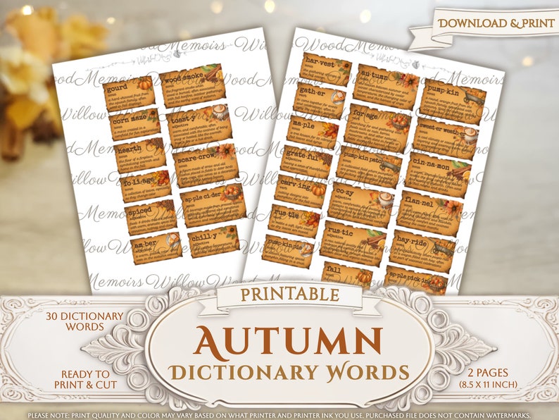 Fall Junk Journal Words Dictionary Definitions Printable Autumn Junk ...