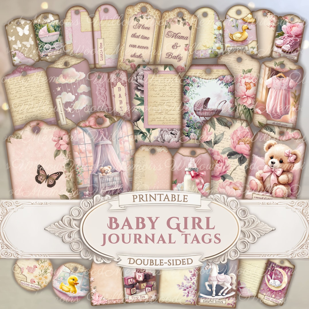 Baby Girl Pink Junk Journal Printable Tags Vintage Shabby Baby Shower ...