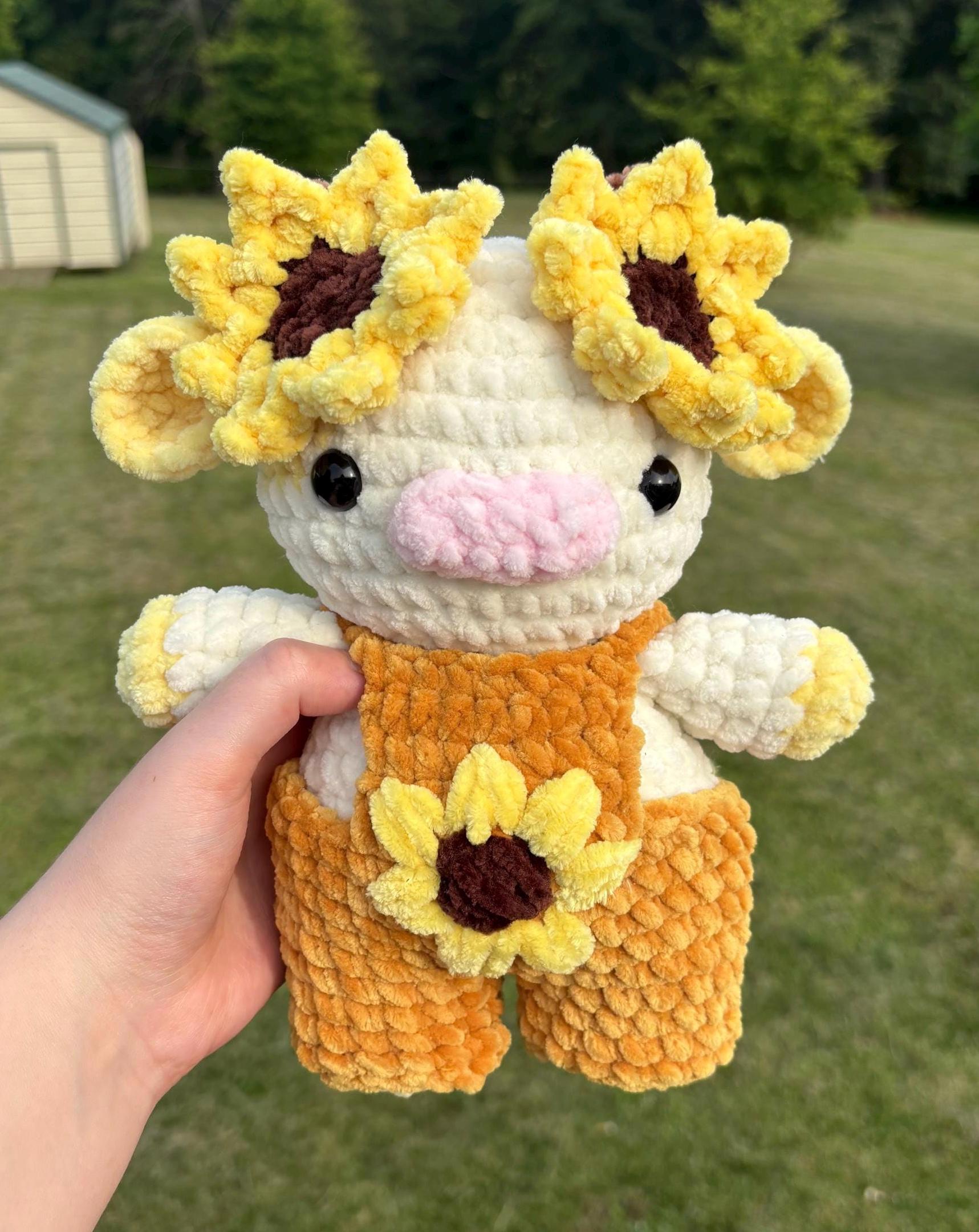 Crochet Sunflower Cow in Overalls Plushie Handmade - Etsy