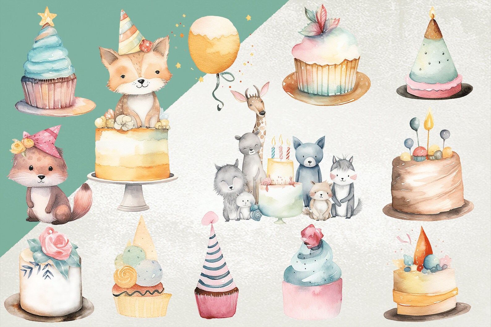 Kids Birthday Party, Watercolor PNG Clipart Bundle, Woodland Animals ...