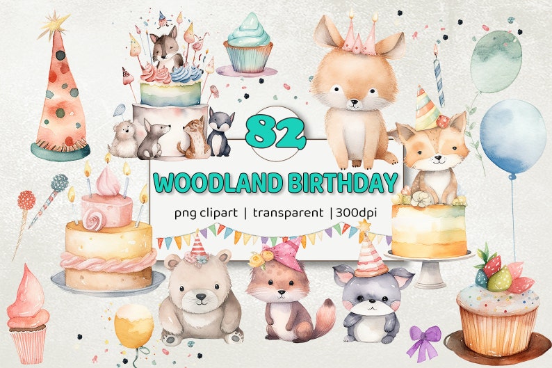 Kids Birthday Party, Watercolor PNG Clipart Bundle, Woodland Animals ...