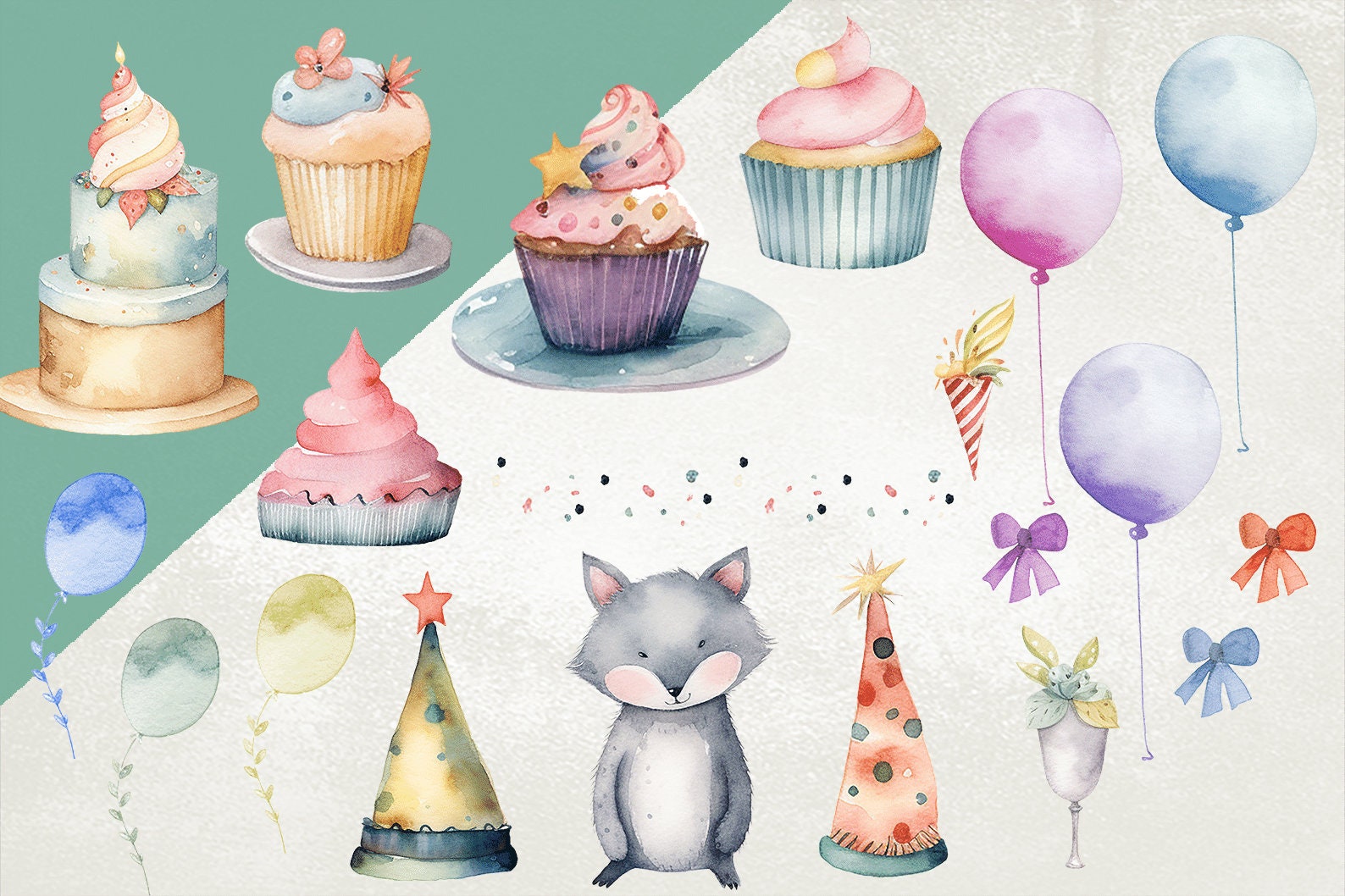 Kids Birthday Party, Watercolor PNG Clipart Bundle, Woodland Animals ...