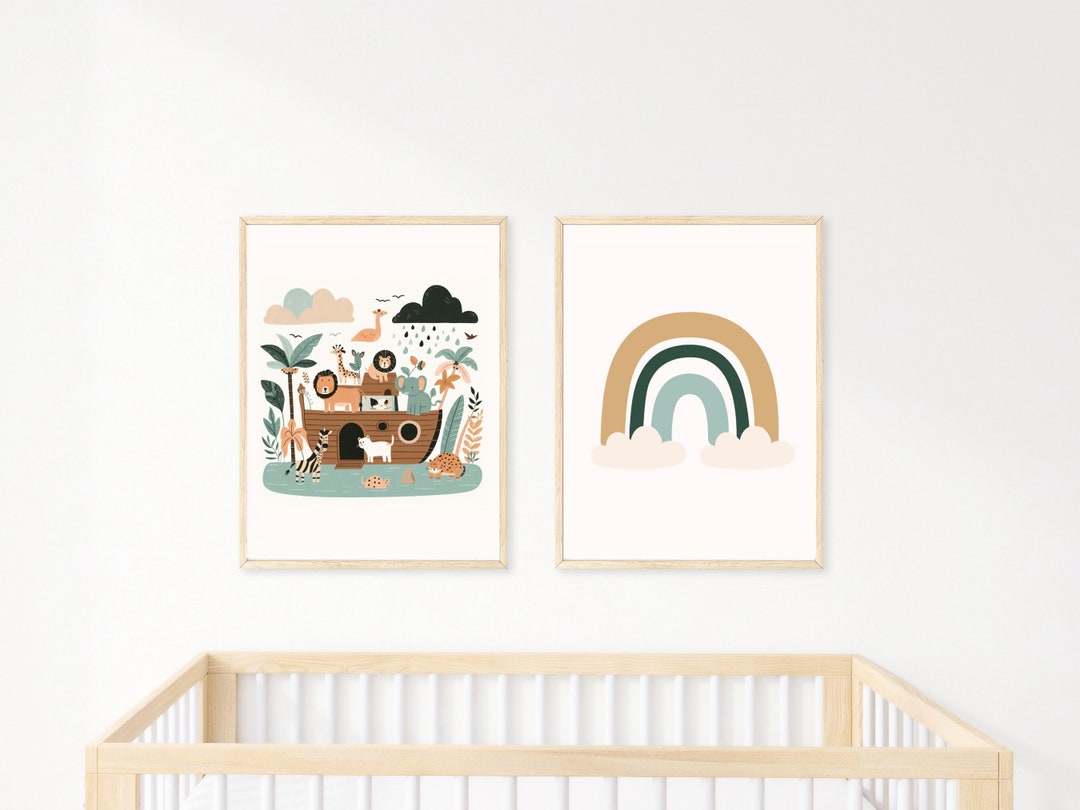 Noah's Ark and Rainbow Print, Neutral Colors, Neutral Noah's Ark ...
