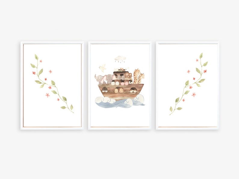 Noah's Ark Watercolor Nursery Printable, Set of 3, Girl's Room Wall Art ...