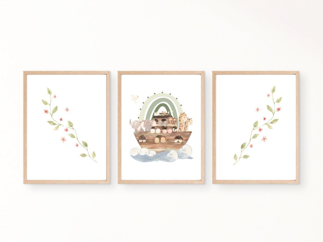 Noah's Ark and Rainbow Watercolor Nursery Printable, Set of 3, Girl's ...