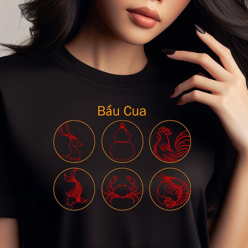 Bau Cua Tom Ca Short Sleeve Unisex T-shirt 02: Red Icon & Gold Circle ...