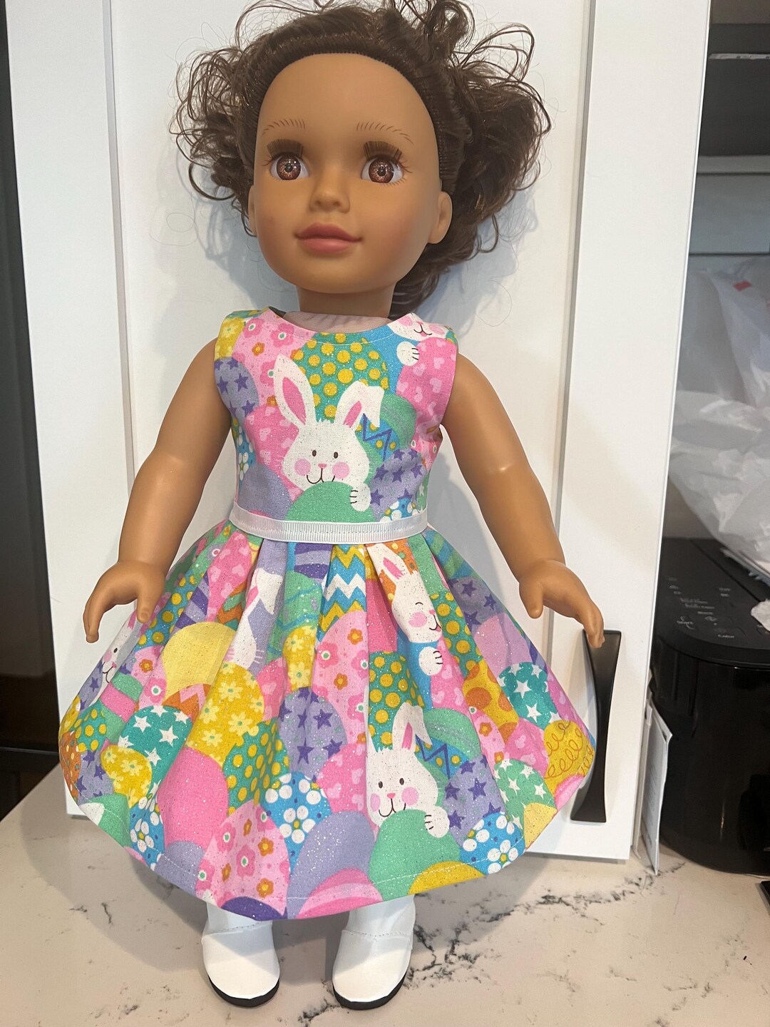 18 Inch Doll Dress, Adorable Bunny/easter Egg Pattern, White Ribbon ...