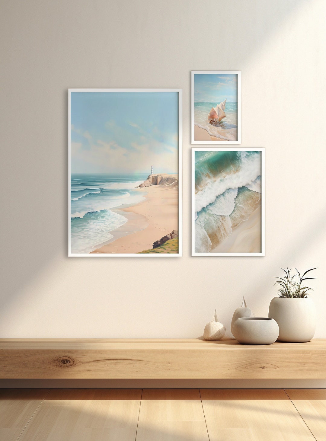 Lighthouse Scenery Set of 3: Neutral Boho Coastal Wall Art Modern ...