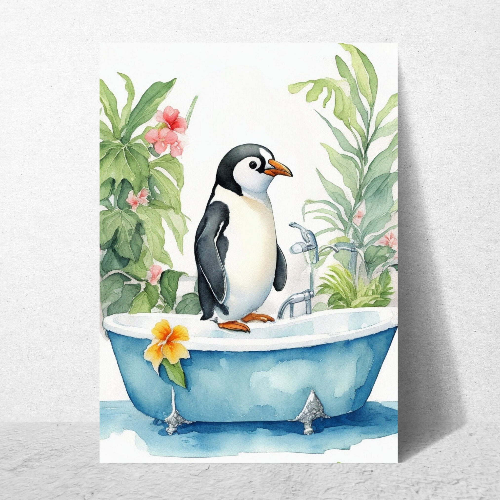 Adorable Penguins in Tub Printable Wall Art Maximalist Animal in Bath ...