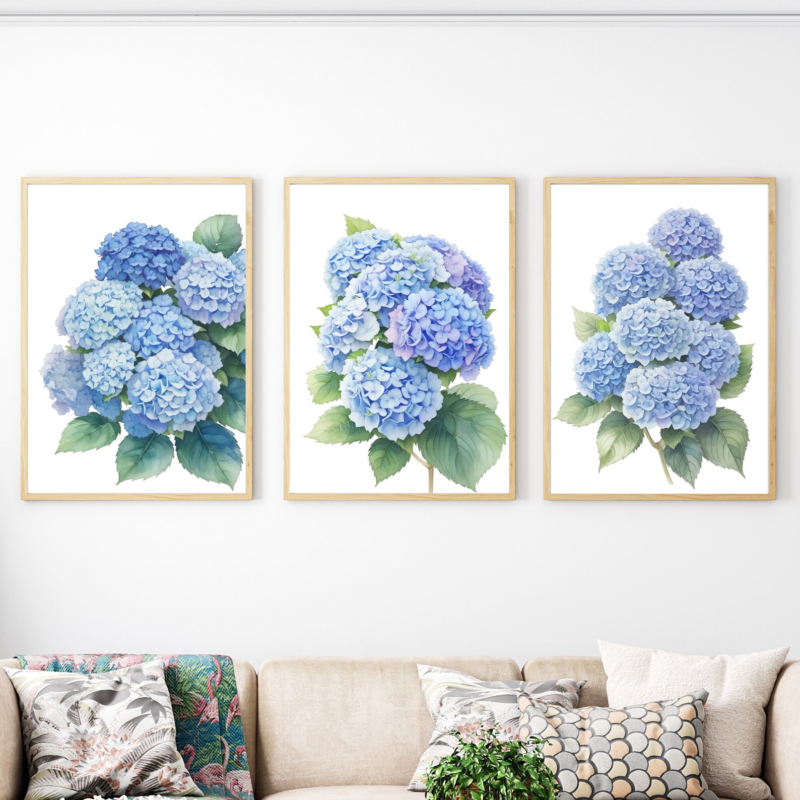 Watercolor Light Blue Hydrangea Set for Modern Homes, Minimalist ...