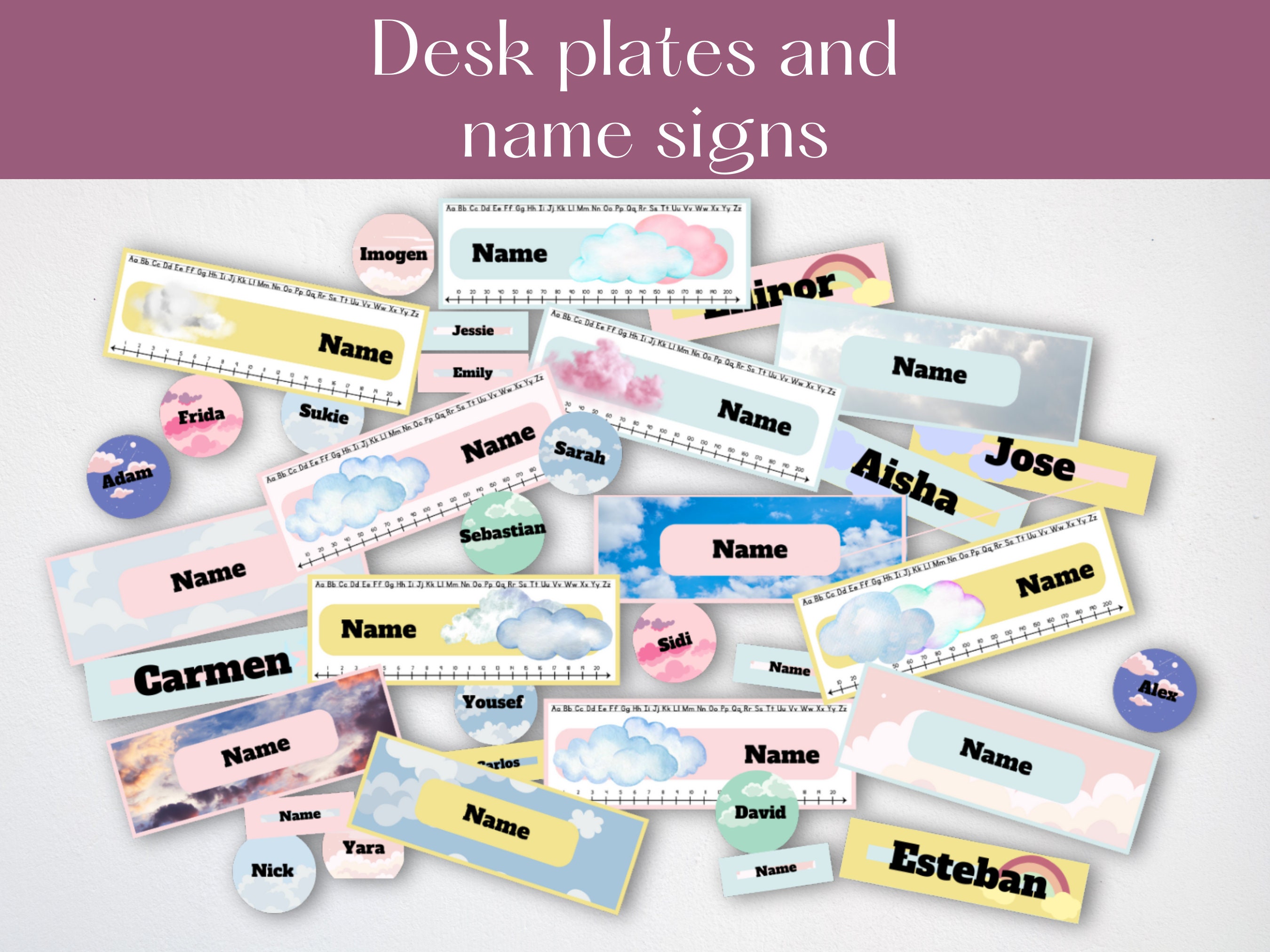 Cute Pastel Desk Plates & Name Signs for Classrooms and Schools Cloud ...