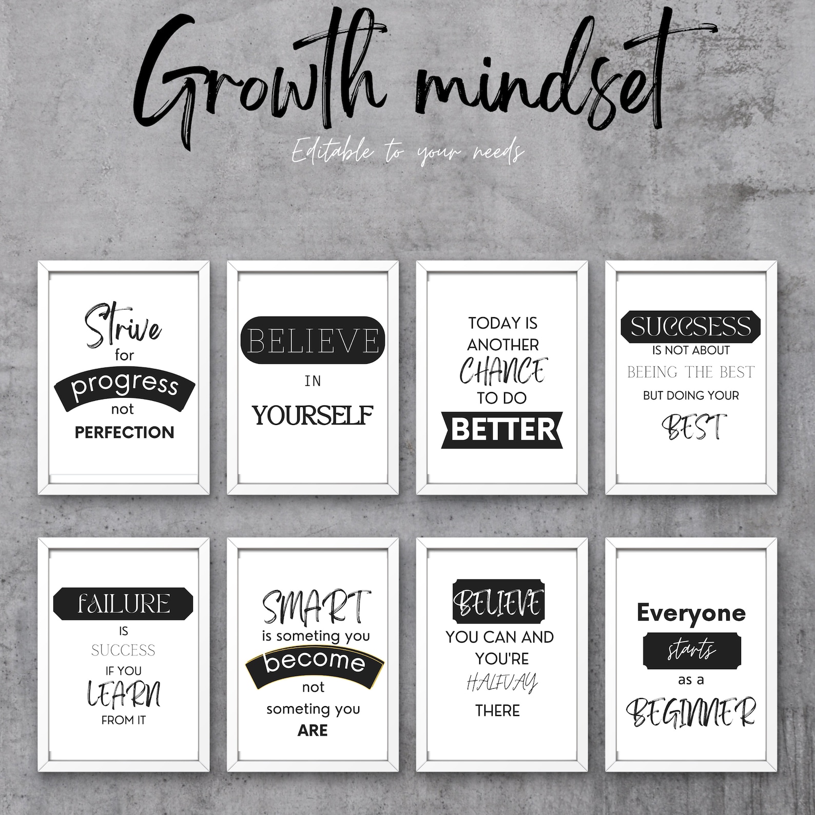 Growth Mindset Classroom Posters, Simple Black and White or Create Your ...