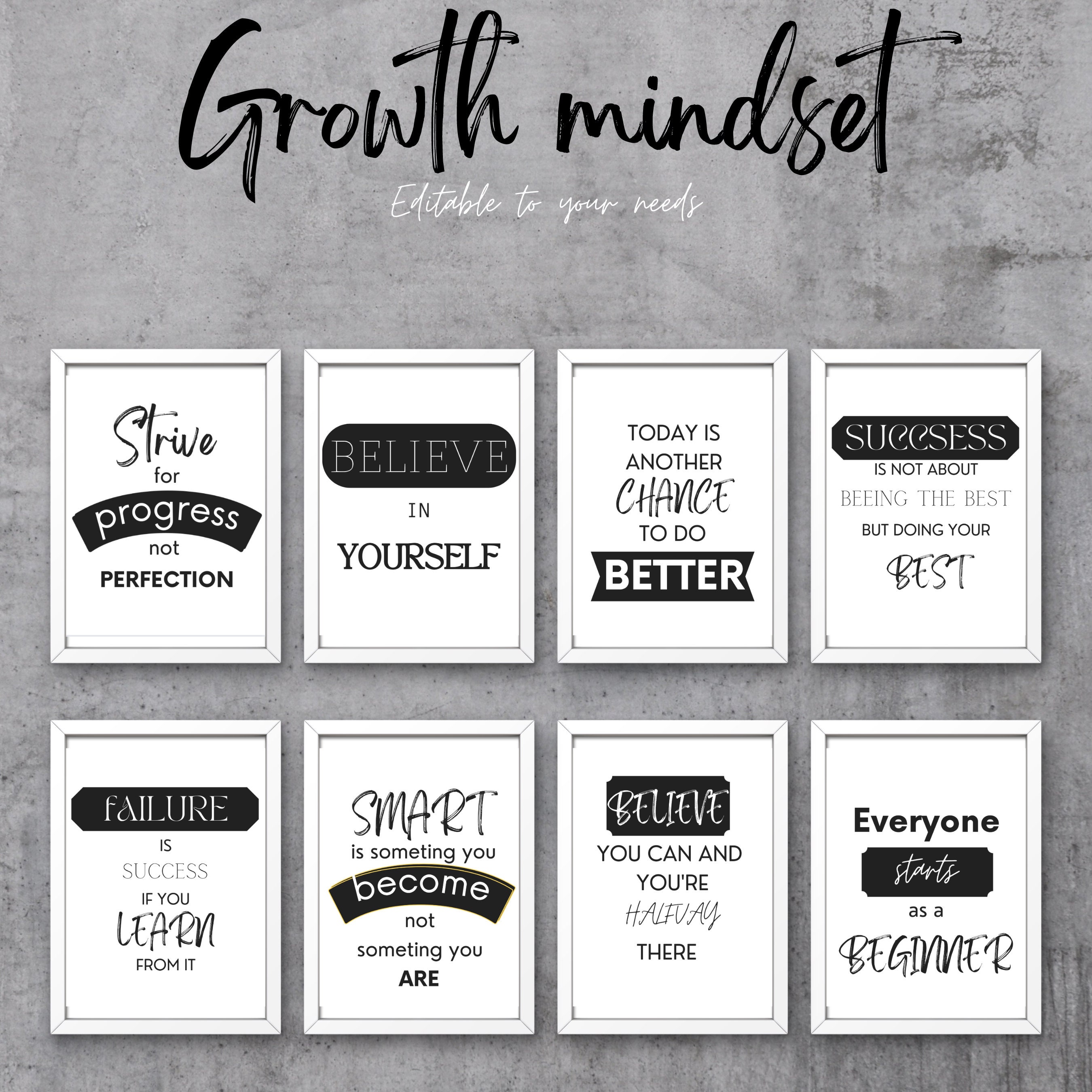 Growth Mindset Classroom Posters, Simple Black and White or Create Your ...