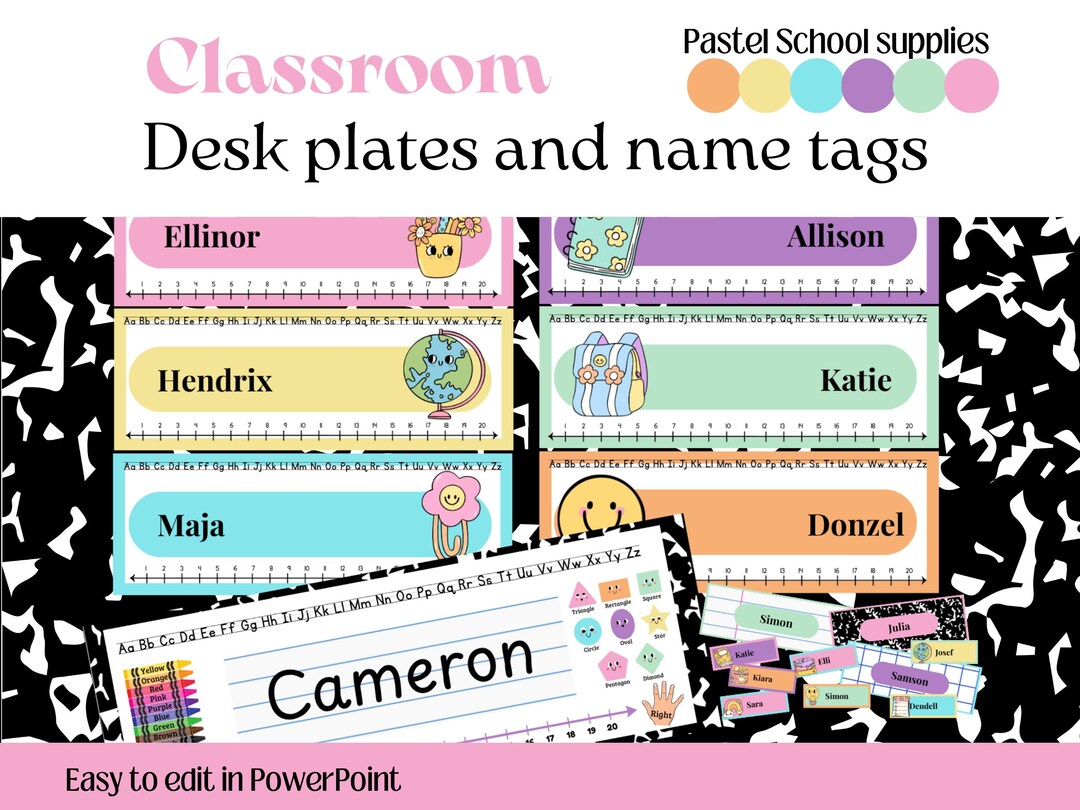 Desk Plates and Name Tags With a Pastel School Supply Theme | Classroom ...