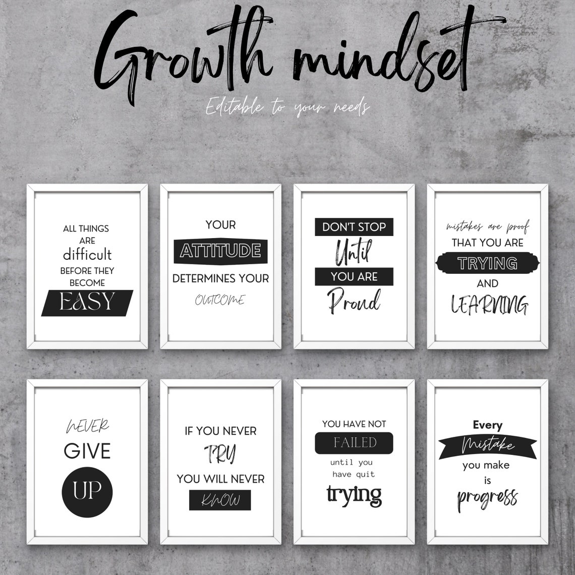 Growth Mindset Classroom Posters Simple Black and White or - Etsy