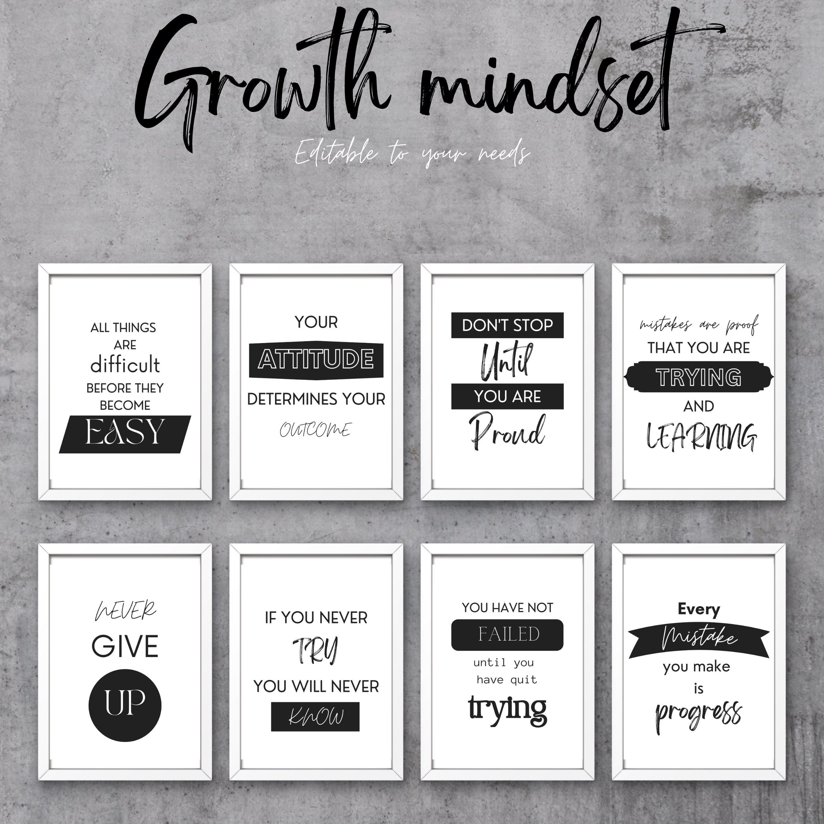 Growth Mindset Classroom Posters Simple Black and White or - Etsy