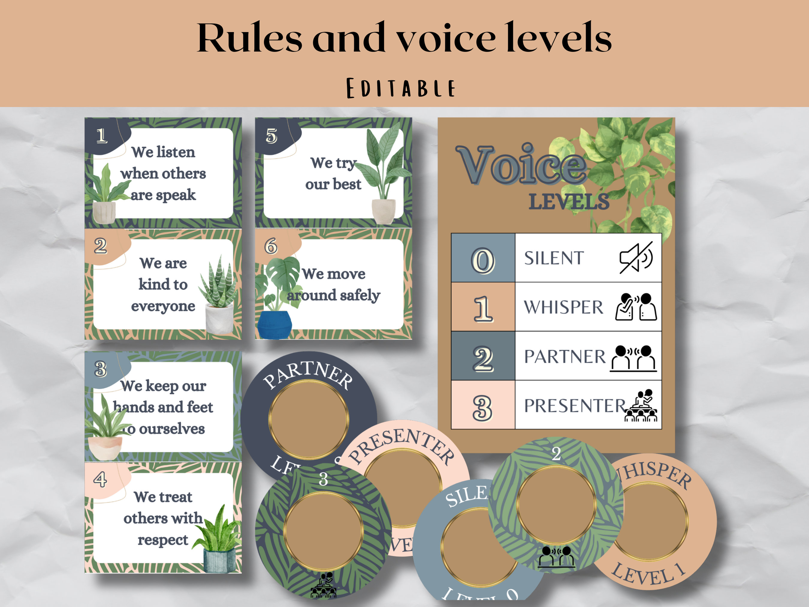 Classroom Rules and Voice Levels for a Calm Plant Themed Classroom ...